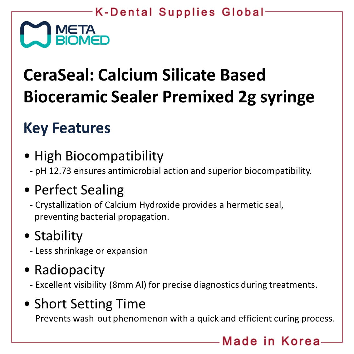 CeraSeal Calcium Silicate Based Bioceramic Sealer Premixed 2g – K ...
